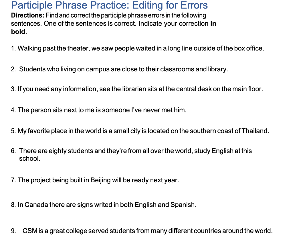 Solved Participle Phrase Practice: Editing for Errors | Chegg.com