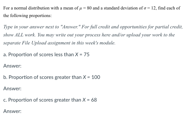 Solved For a normal distribution with a mean of u = 80 and a | Chegg.com