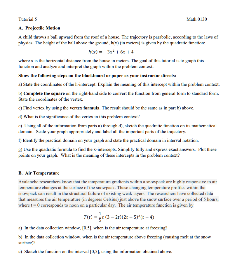 Solved Tutorial 5 Math 0130 A. Projectile Motion A child | Chegg.com