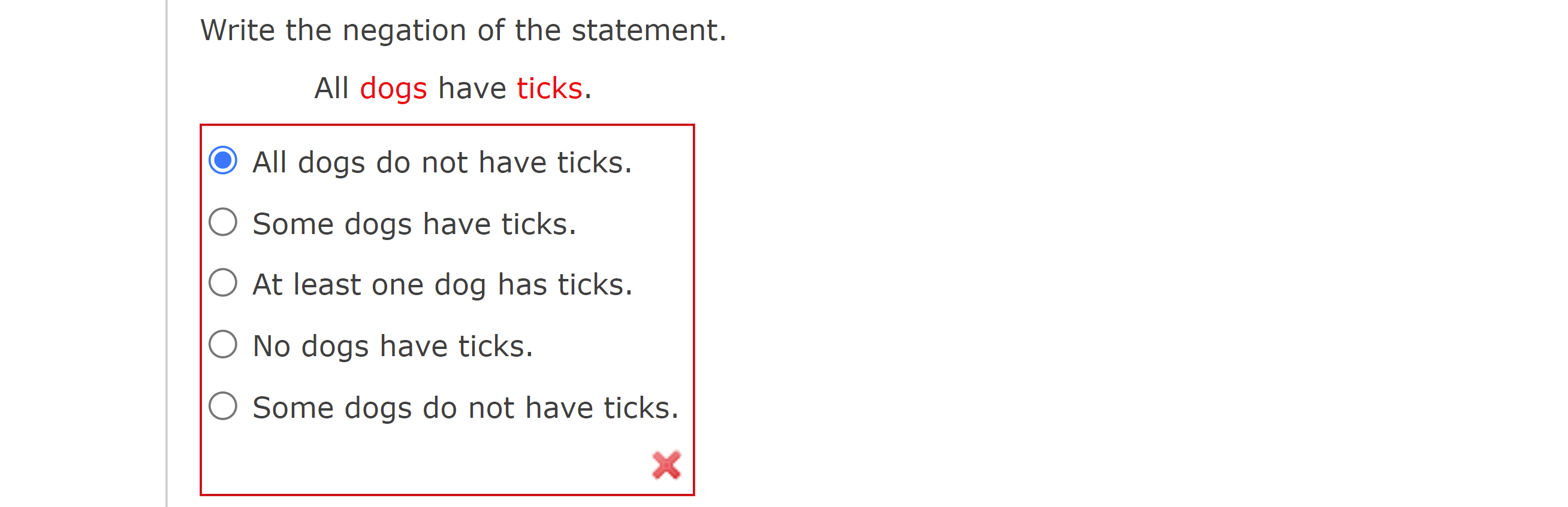 Solved Write the negation of the statement. All dogs have | Chegg.com