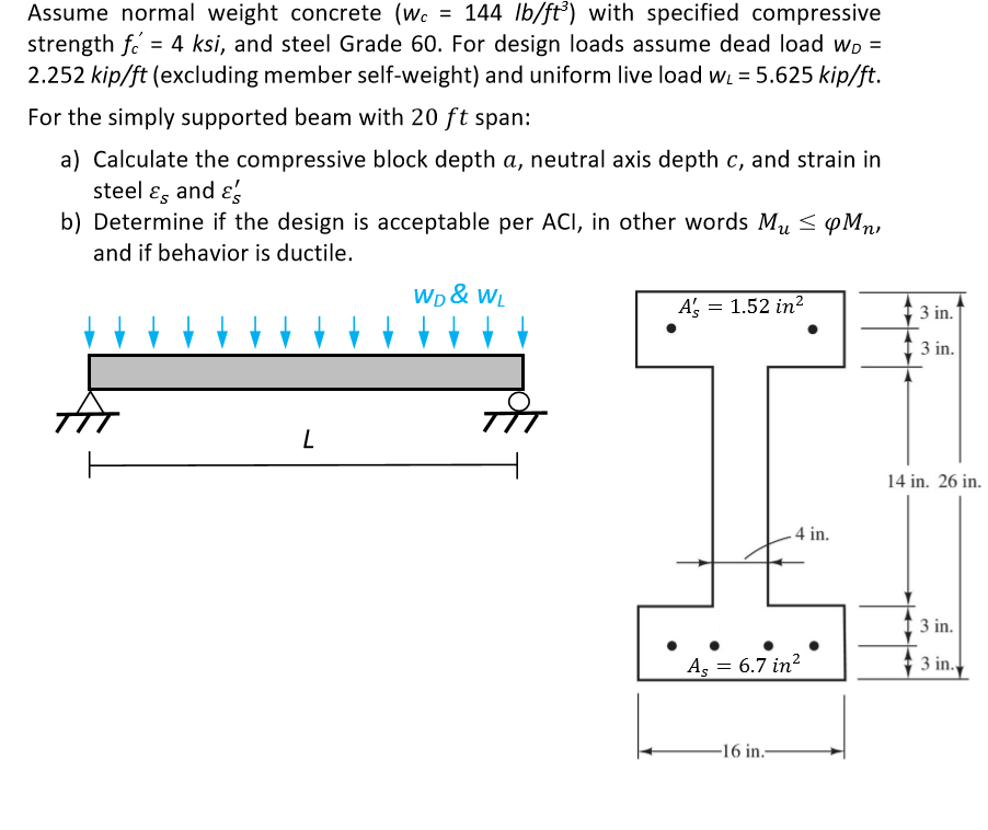 Assume normal weight concrete (wc = 144 lb/ft) with | Chegg.com
