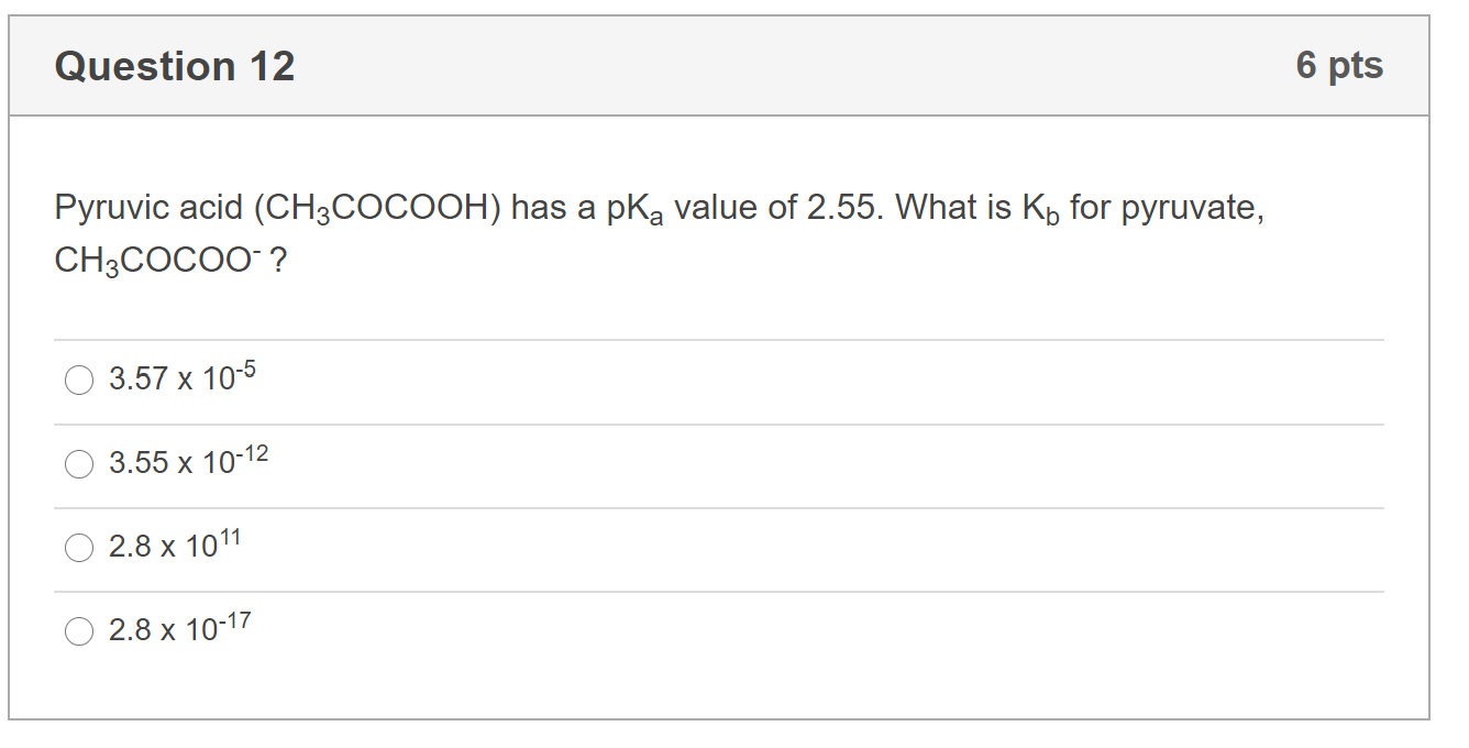 Solved Question 12 6 pts Pyruvic acid (CH3COCOOH) has a pka | Chegg.com