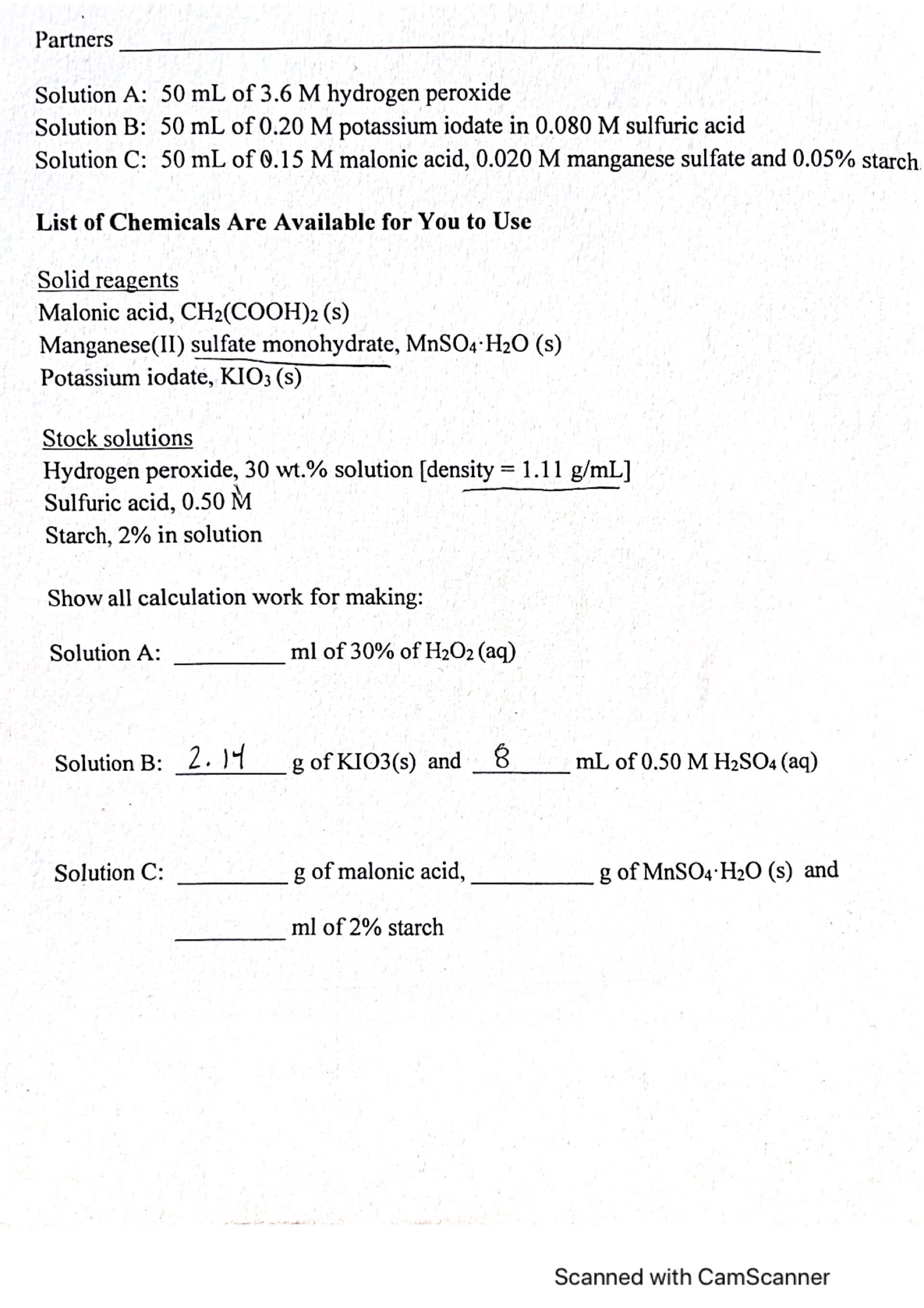 Solved Partners Solution A: 50 mL of 3.6M hydrogen peroxide | Chegg.com