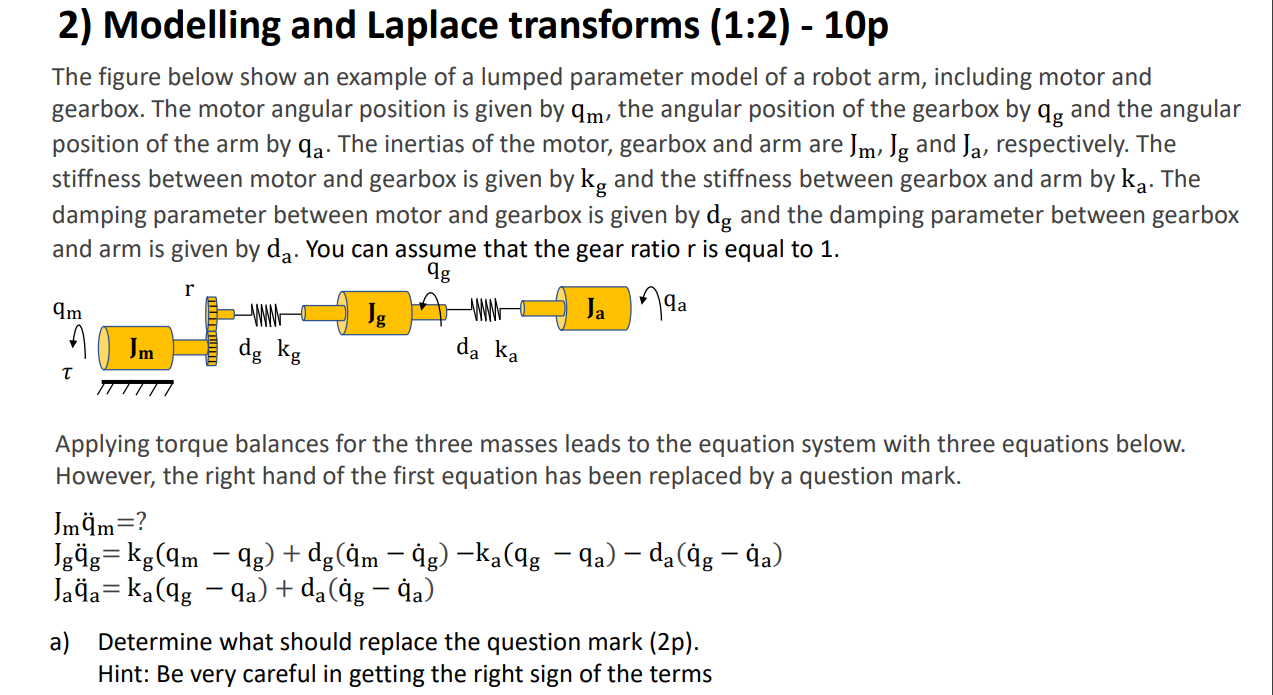 Solved 2) Modelling and Laplace transforms (1:2) - 10p The | Chegg.com