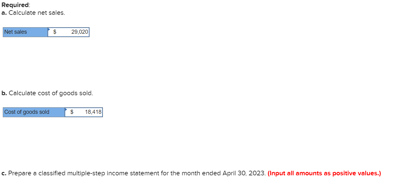 VRequired:a. ﻿Calculate net sales.Net sales$,29,020b. | Chegg.com