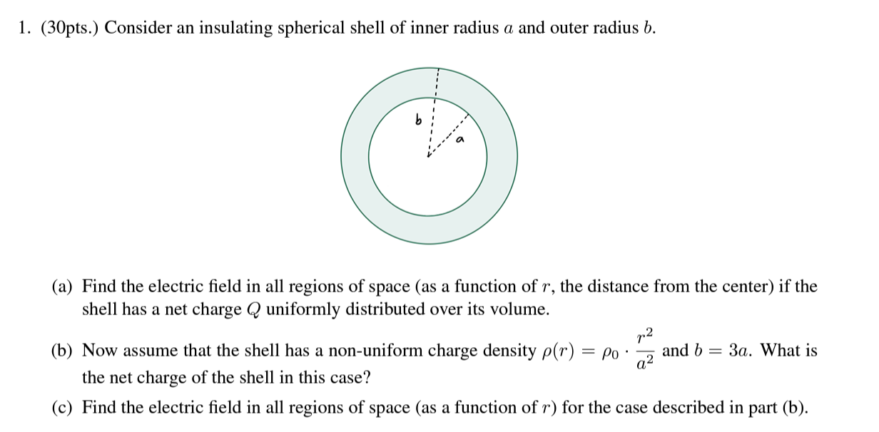 Solved 1. (30pts.) Consider an insulating spherical shell of | Chegg.com