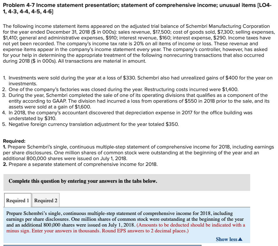 Solved Problem 4-7 Income statement presentation; statement | Chegg.com