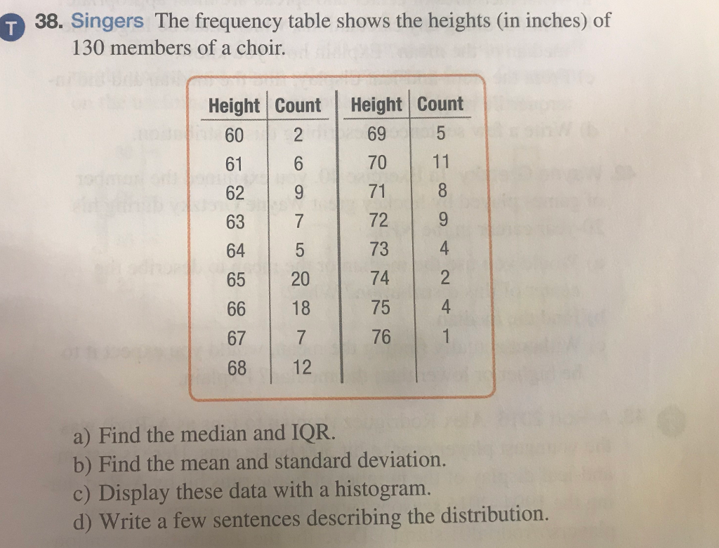 Solved 38. Singers The frequency table shows the heights (in | Chegg.com