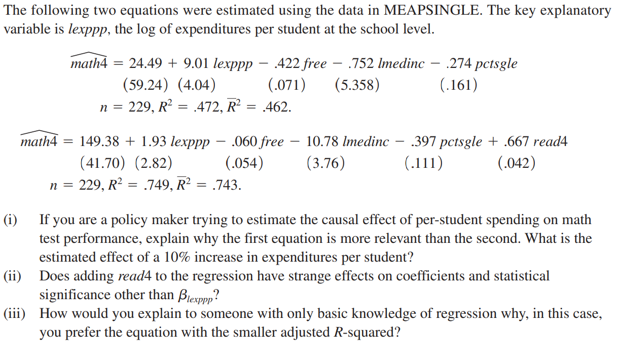 Solved The following two equations were estimated using the | Chegg.com