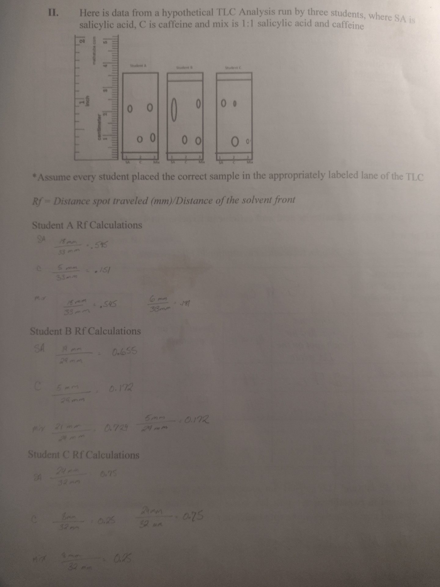 Solved II. Here is data from a hypothetical TLC Analysis run | Chegg.com