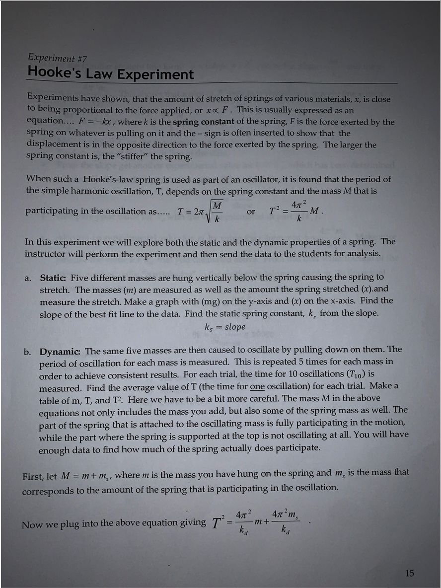 Solved Experiment #7 Hooke's Law Experiment Experiments have | Chegg.com