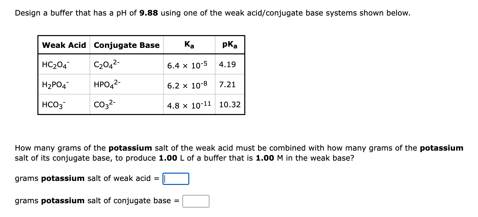 Solved Design a buffer that has a pH of 9.88 using one of | Chegg.com