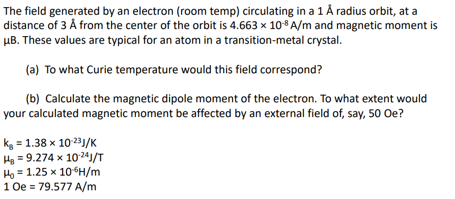 Solved The field generated by an electron (room temp) | Chegg.com