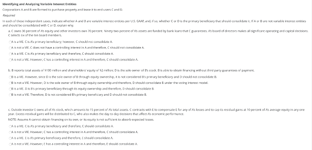 Identifying and Analyzing Variable Interest Entities | Chegg.com