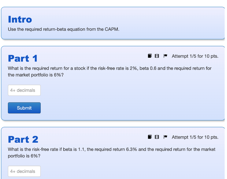 Solved Intro Use the required return-beta equation from the | Chegg.com