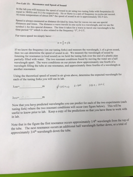 Solved Pre-Lab 13: Resonance and Speed of Sound In the lab | Chegg.com