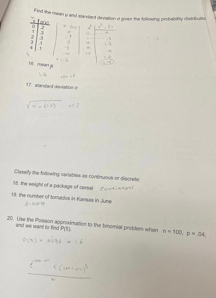 Solved Find the mean 4 and given the following probability | Chegg.com