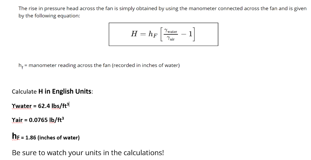 Solved The rise in pressure head across the fan is simply | Chegg.com