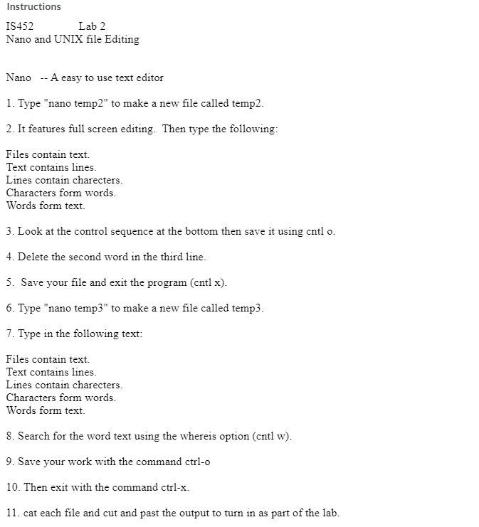 Solved Instructions IS452 Lab 2 Nano and UNIX file Editing | Chegg.com