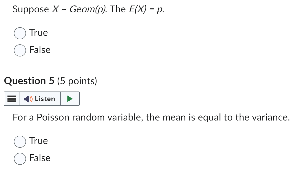 Solved Suppose X∼Geom(p). The E(X)=p True False Question 5 | Chegg.com