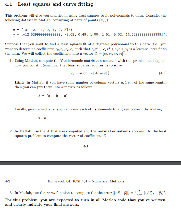 Solved 4.1 Least squares and curve fitting This problem will | Chegg.com