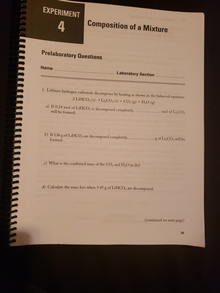 Solved EXPERIMENT Composition of a Mixture Prelaboratory | Chegg.com
