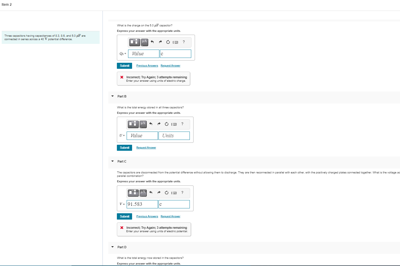 Solved Item 2 Three capacitors having capacitances of | Chegg.com
