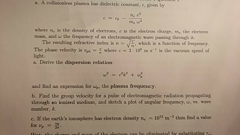 a. A collisionless plasma has dielectric constant, (, | Chegg.com