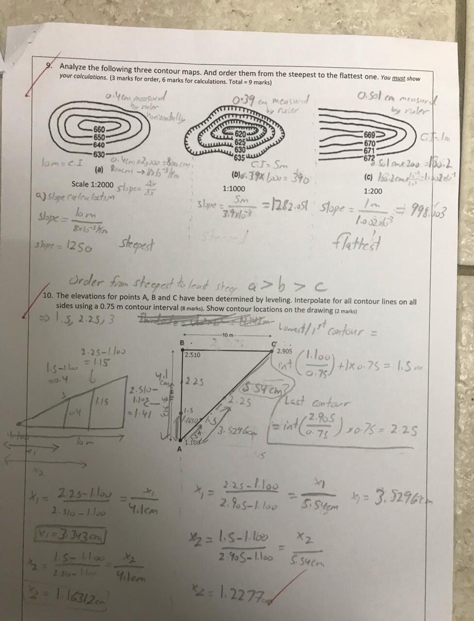 Solved The slope distance between point A on contour line | Chegg.com