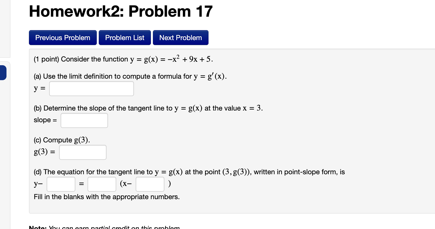 Solved (1 point) Consider the function y=g(x)=−x2+9x+5 (a) | Chegg.com