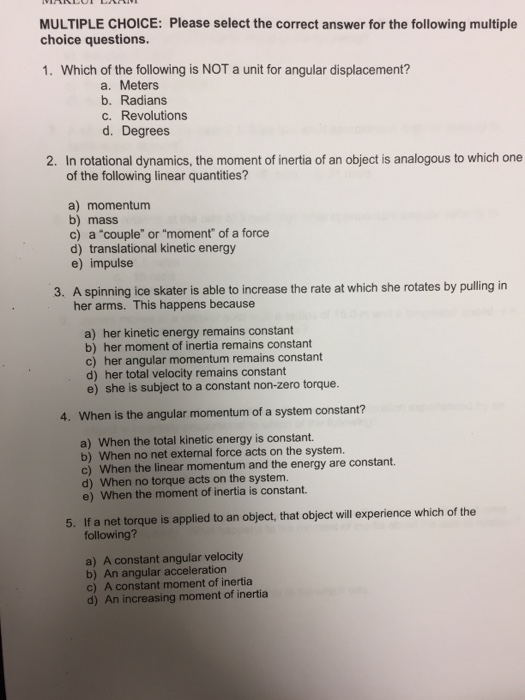 Solved MULTIPLE CHOICE: Please select the correct answer for | Chegg.com