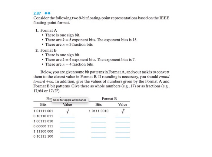 Solved 2.87 Consider the following two9-bit floating-point | Chegg.com