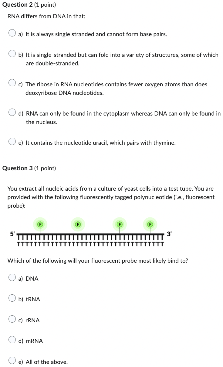 Solved Question 2 (1 point) RNA differs from DNA in that: a) | Chegg.com