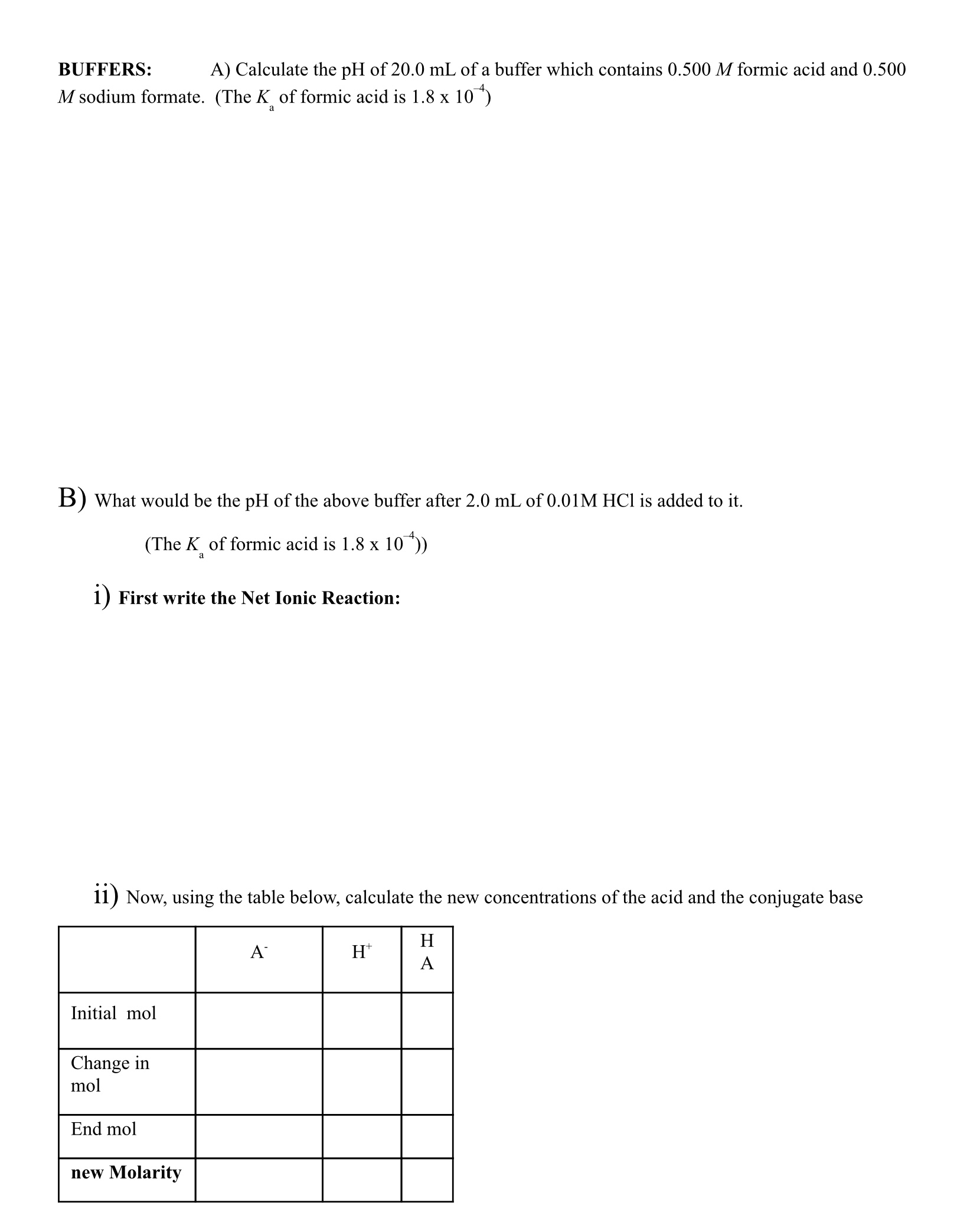 Solved BUFFERS: A) Calculate the pH of 20.0 mL of a buffer | Chegg.com