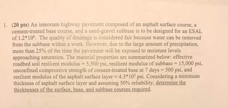 Solved 1. (20 pts) An interstate highway pavement composed | Chegg.com
