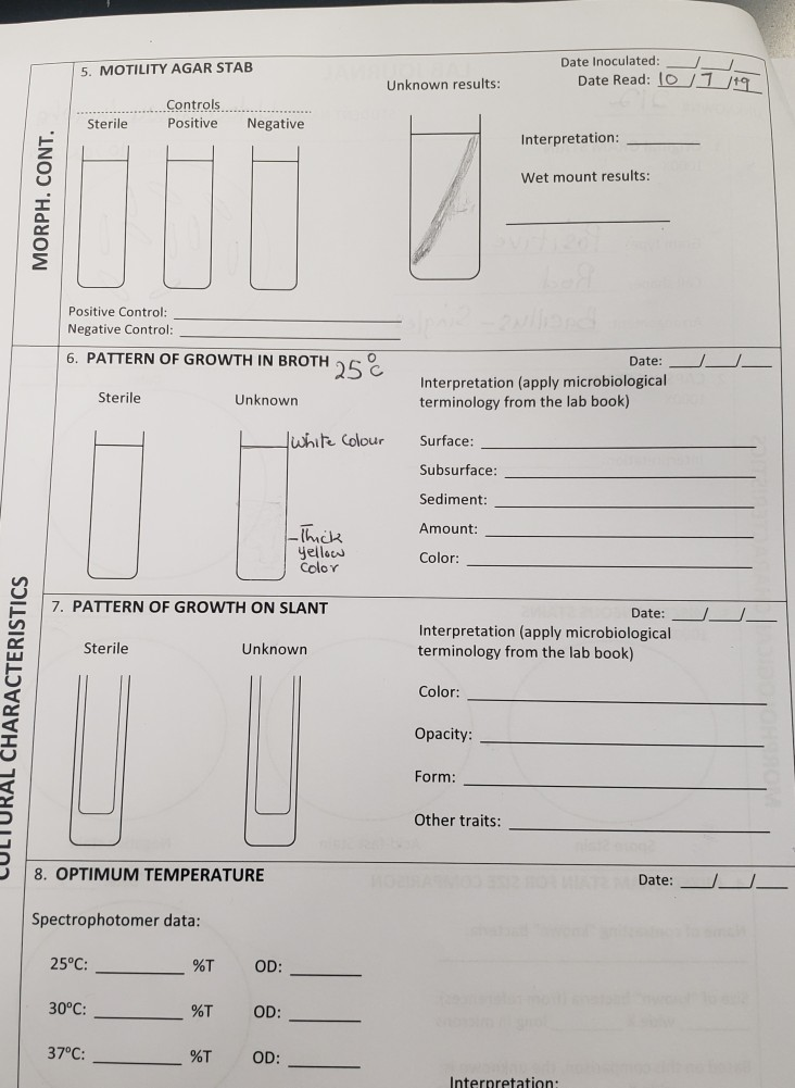 Solved 5. MOTILITY AGAR STAB Date Inoculated: Date Read: 10 | Chegg.com