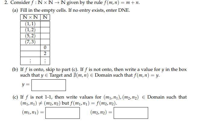 Solved 2. Consider f:NXNN given by the rule f(m,n) = m + n. | Chegg.com