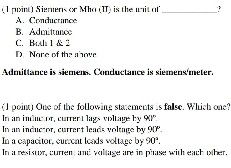 Solved (1 point) Siemens or Mho (U) is the unit of A. | Chegg.com