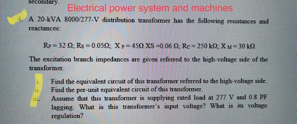 Solved secondary Electrical power system and machines 4. A | Chegg.com