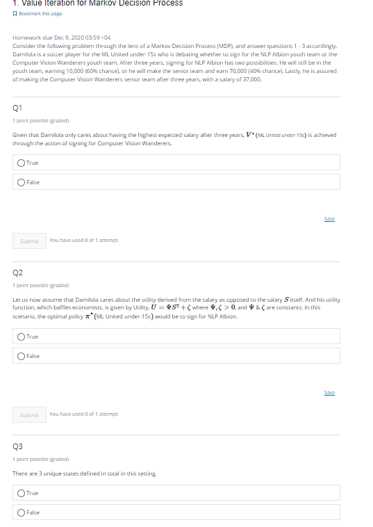 1. Value Iteration for Markov Decision Process | Chegg.com
