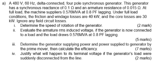 Solved a) A 480 V, 60 Hz, delta-connected, four pole | Chegg.com