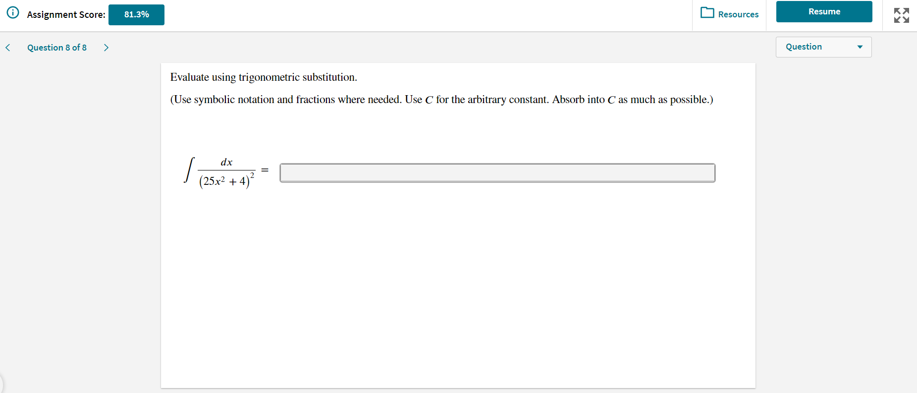 Solved Assignment Score: 81.3% 다 Resources Resume