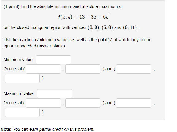 Solved (1 point) Find the absolute minimum and absolute | Chegg.com