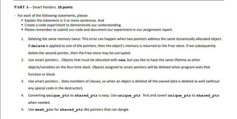Solved PART A- Smart Pointers. 10 points For each of the | Chegg.com
