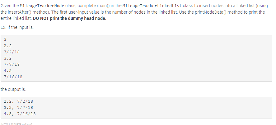 Solved Given the MileageTrackerNode class, complete main0 in | Chegg.com