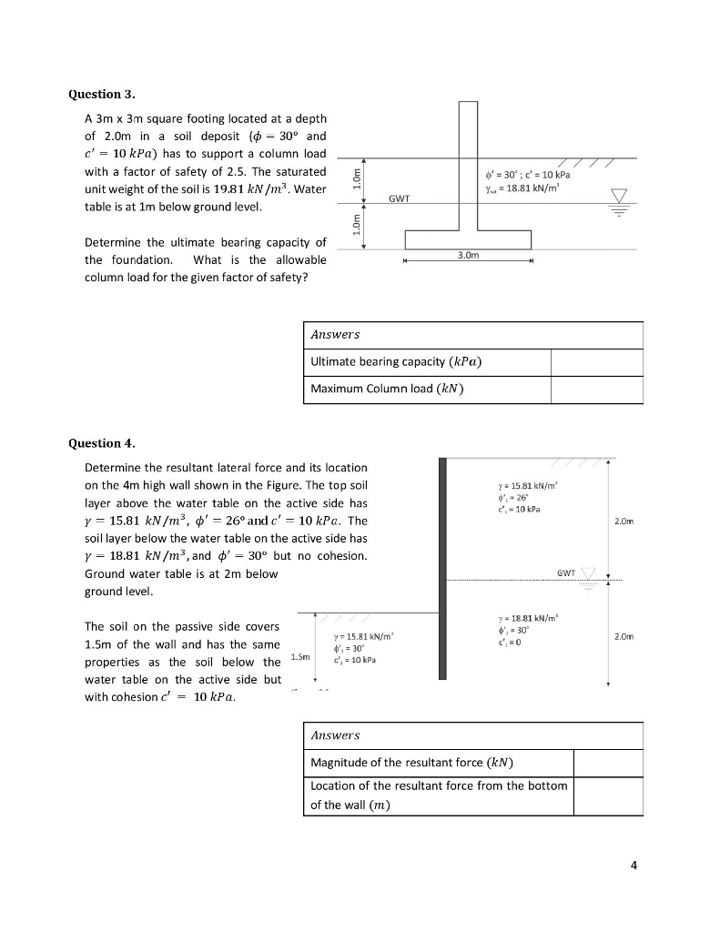 Solved Question 3 A 3m x 3m square footing located at a | Chegg.com