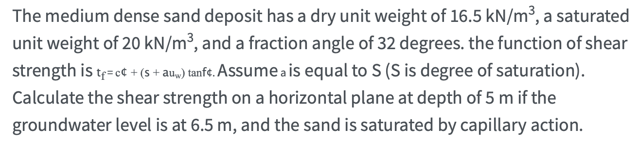 Solved The medium dense sand deposit has a dry unit weight | Chegg.com