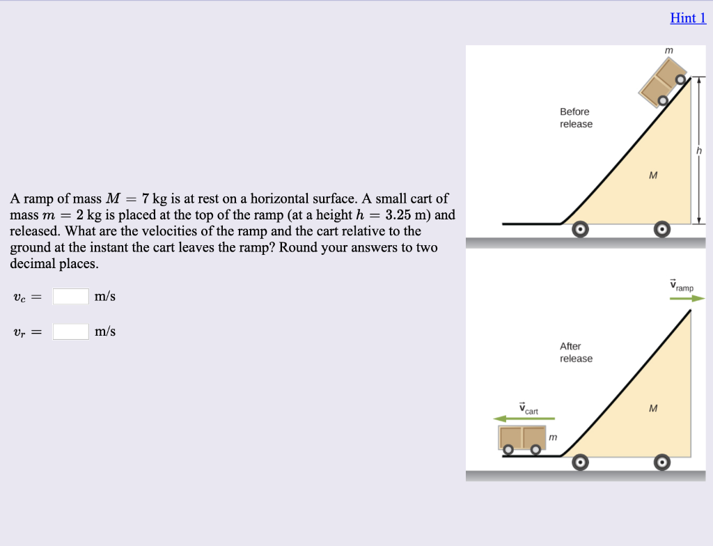 Solved Hint 1 Before release A ramp of mass M 7 kg is at | Chegg.com