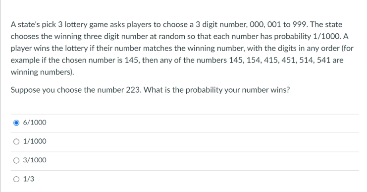 Solved A state's pick 3 lottery game asks players to choose | Chegg.com