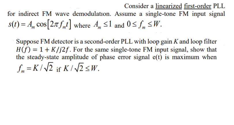 Consider a linearized first-order PLL for indirect FM | Chegg.com
